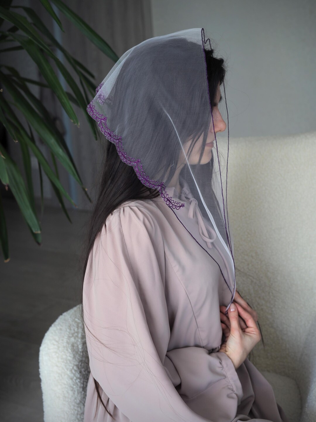 Christian Scarf With Purple Embroidery Church Head Covering Orthodox ...