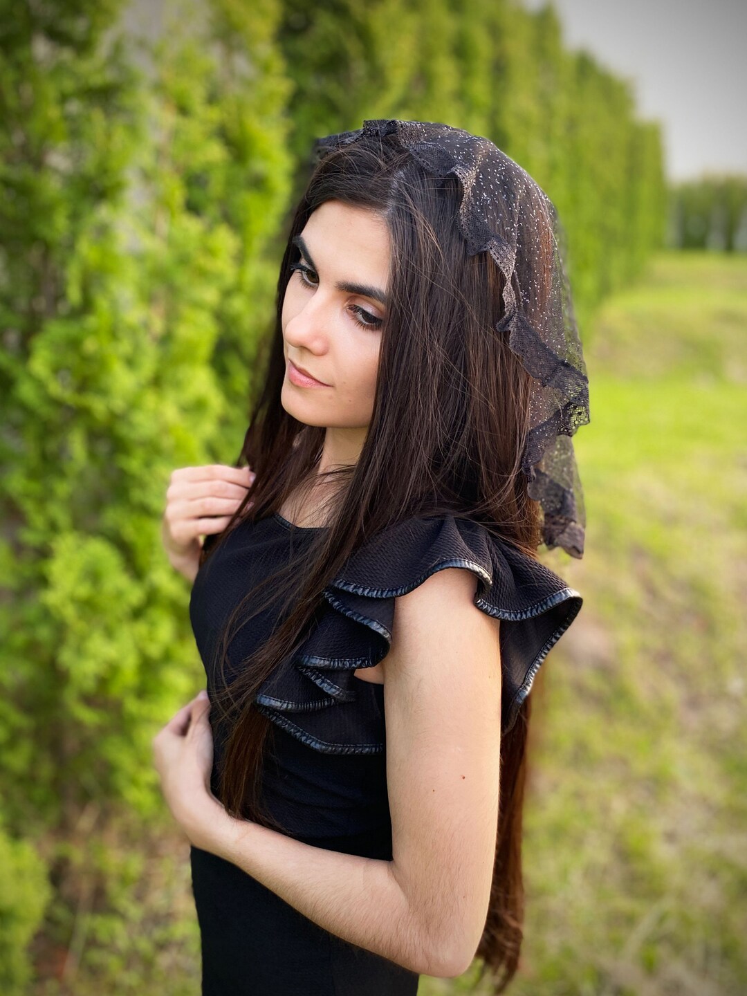 Black\white Chapel Round Veil Glittered Mantilla With Lace Headwrap for ...