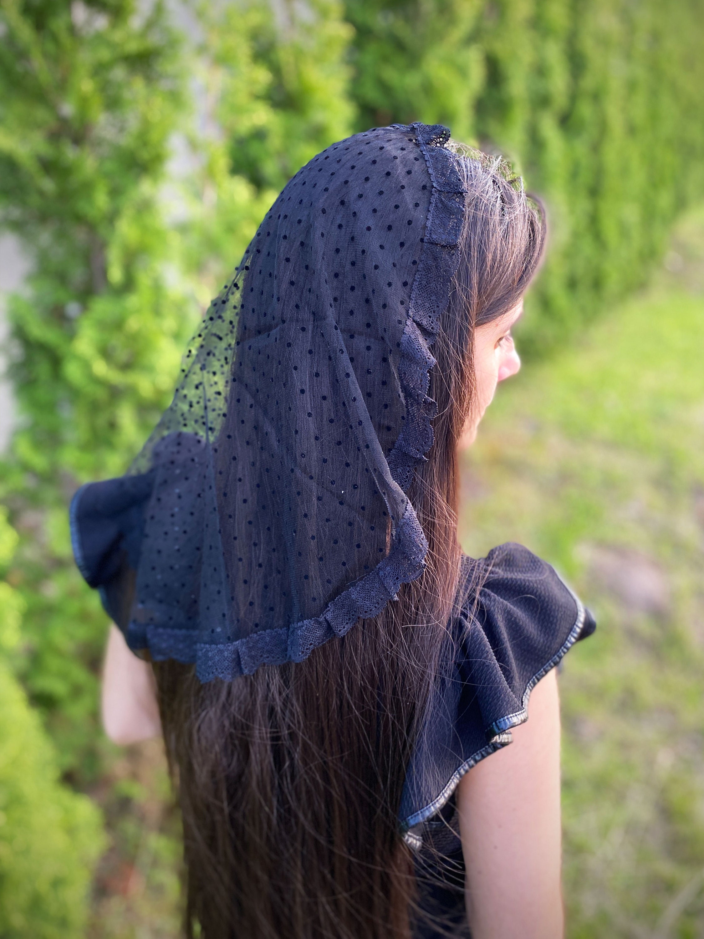 Blush Princess Style Chapel Round Veil Polka Dot Lace Mantilla Headwrap ...