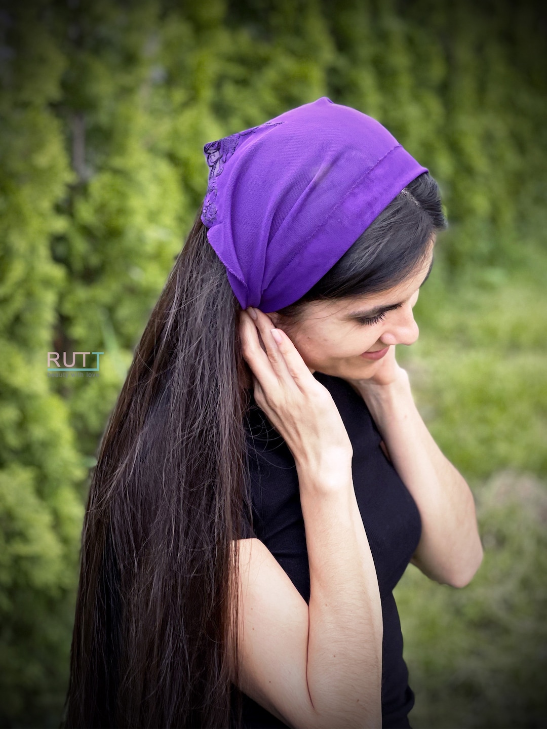 NEW Purple Stretch Tulle Headband Kerchief Church Headwrap Embroidered ...