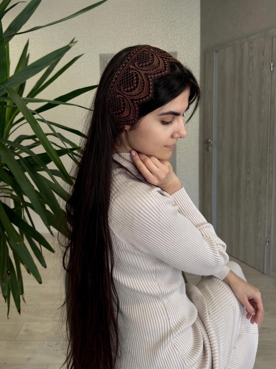 Brown Church Lace Headband Tied With Ribbons Head Covering Orthodox ...