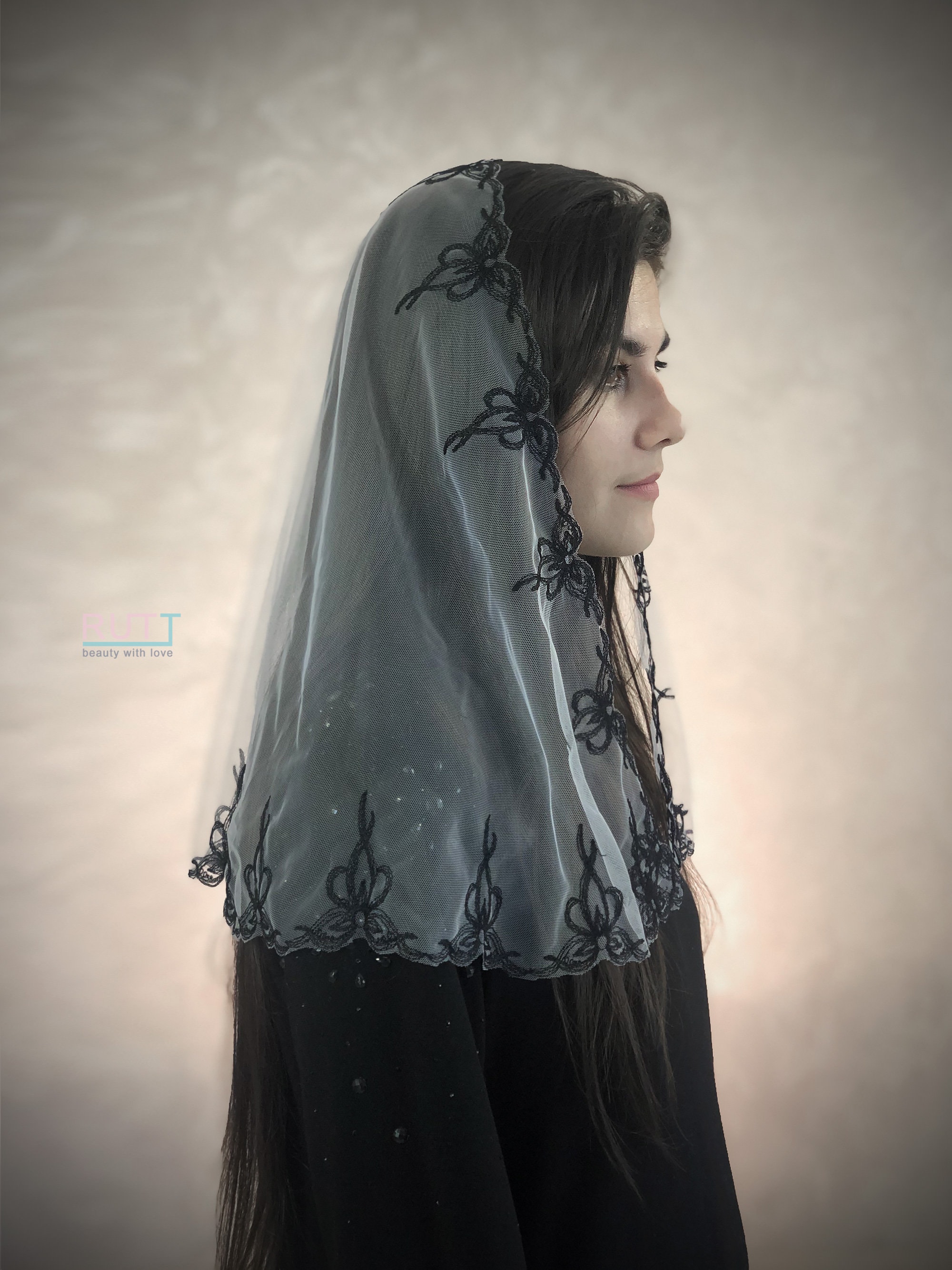 Catholic head covering embroidered mantilla White with black | Etsy