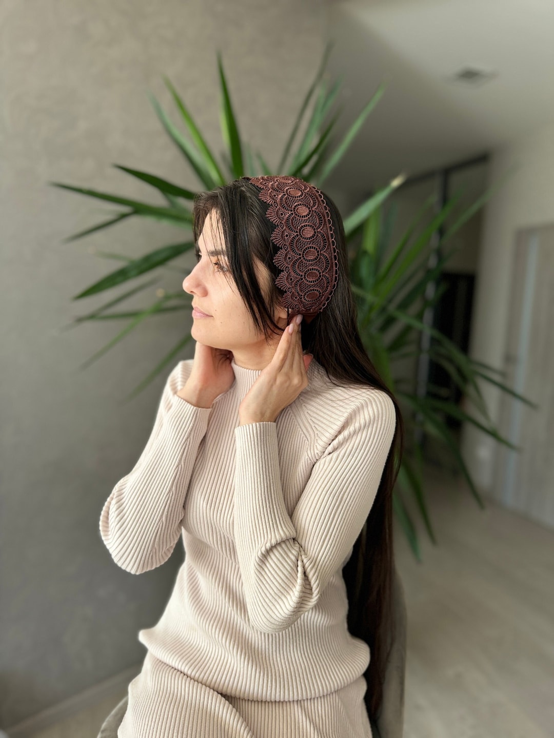 Brown Church Lace Headband Tied With Ribbons Head Covering Orthodox ...