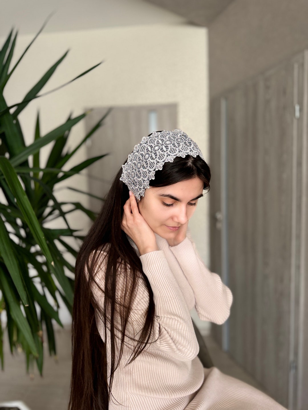 Brown\grey Church Lace Headband Tied With Ribbons Head Covering ...