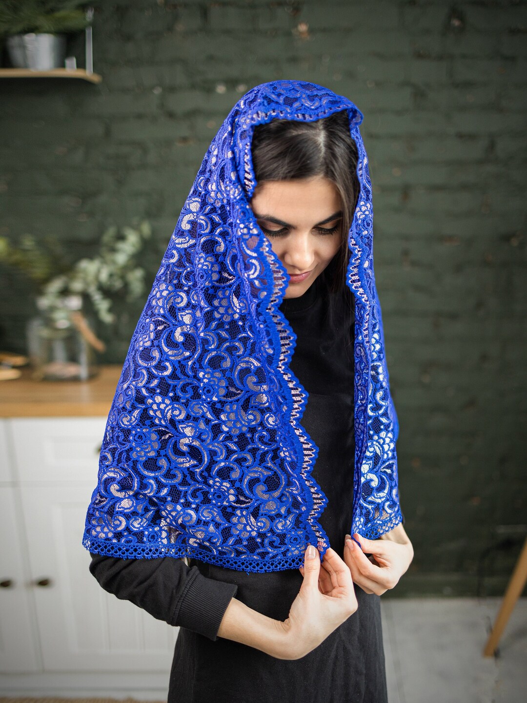 Royal Blue Lace Mantilla Church Shawle Lace Head Covering Orthodox ...