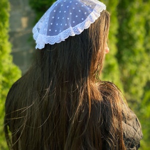 Dotted Small Chapel Round Cap Mantilla With Lace Girl Head Covering Cap ...