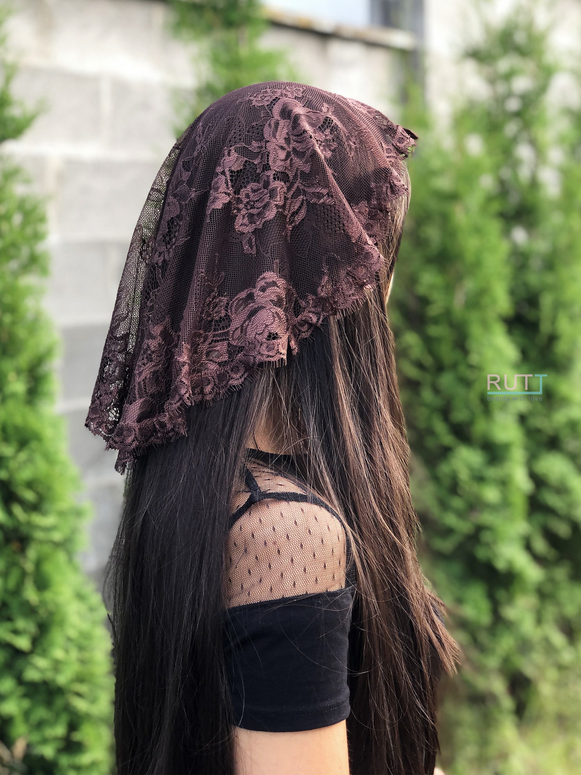 Brown Chapel Round Veil Shantili Lace Mantilla Headwrap for Mass Church ...