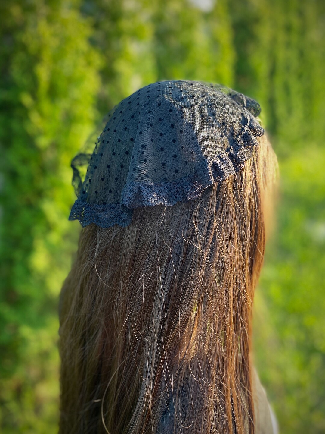 Dotted Small Chapel Round Cap Mantilla With Lace Girl Head Covering Cap ...