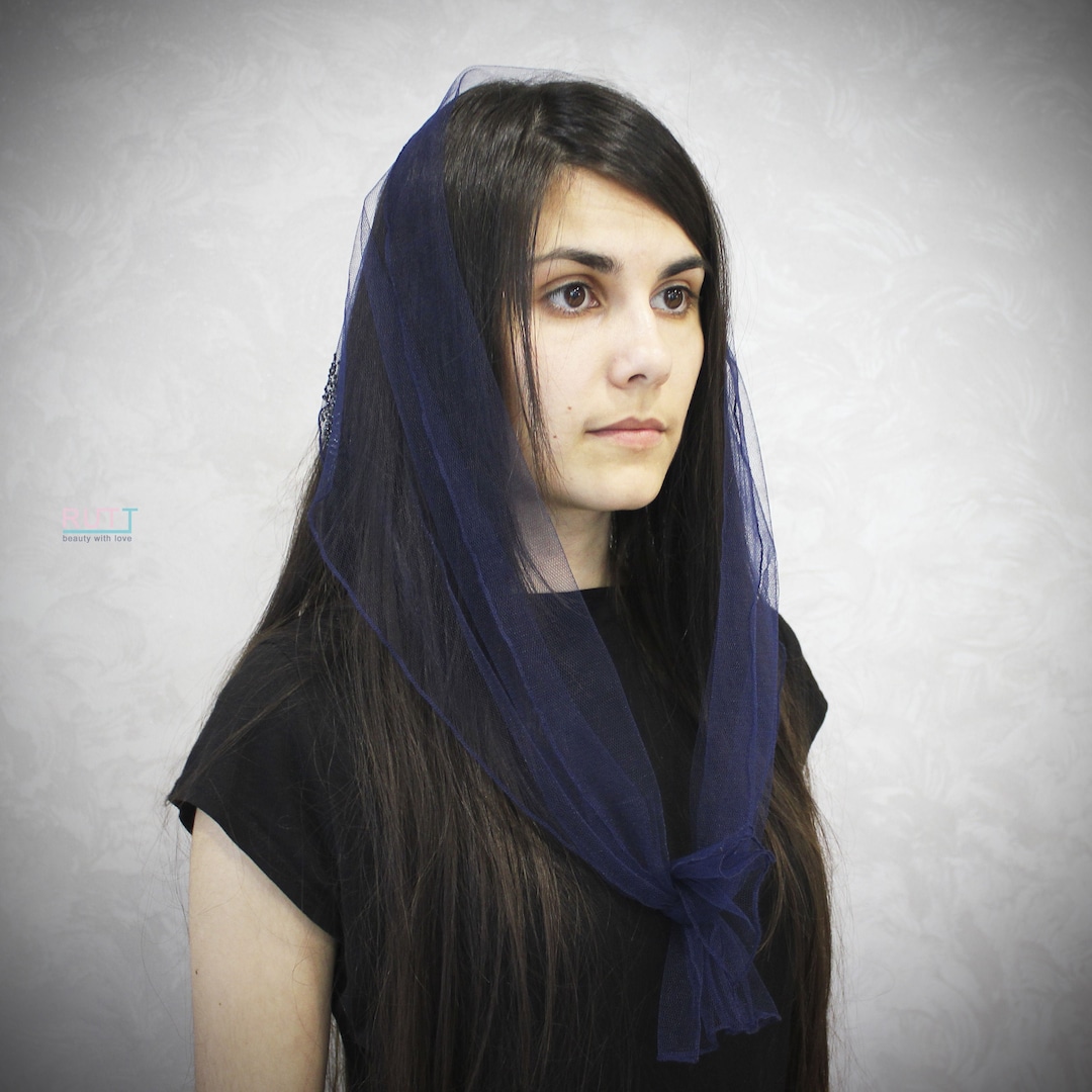 Navy Blue Head Covering Orthodox Veils With Rhinestone Decoration ...