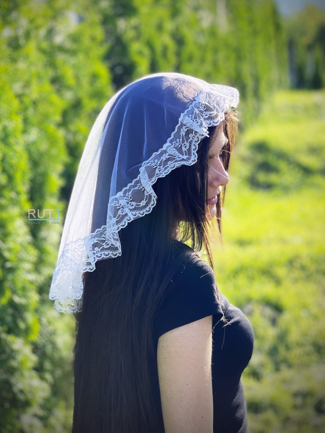 Black /white Chapel Round Veil With Lace Headwrap for Mass RUTT Church ...