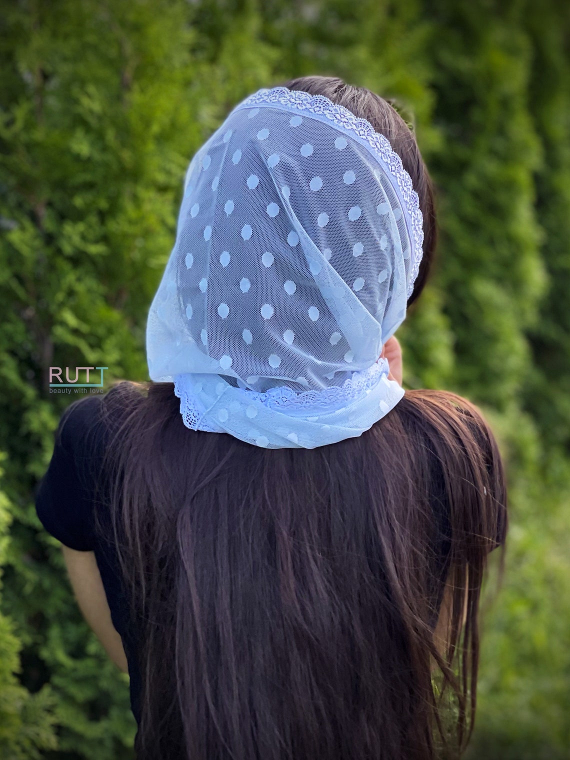Light Blue Infinity Church Mantilla Head Covering Shawl Polka Dot Flex ...