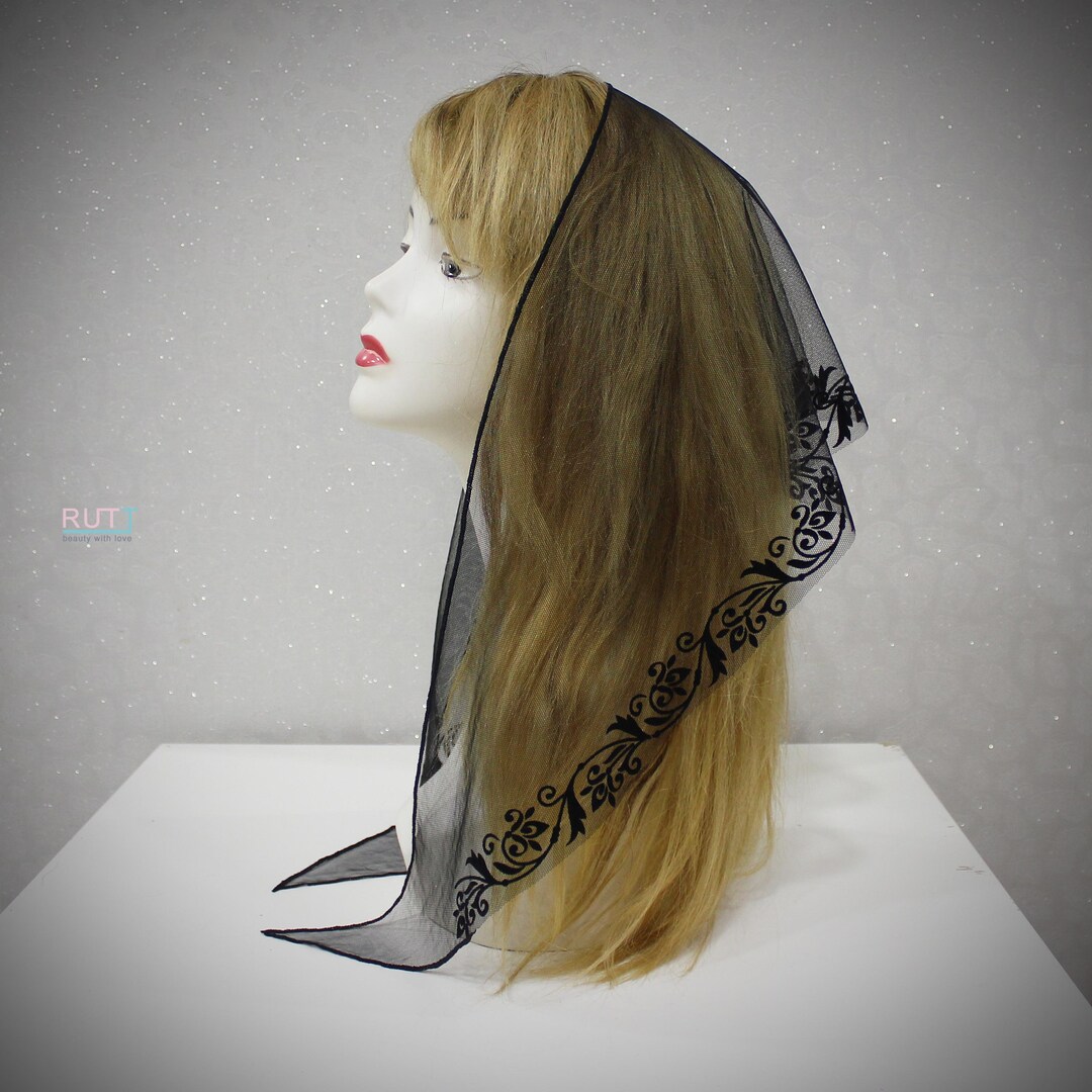 Black Church Scarf Shawl Head Covering Velvet Decorated Orthodox Veils ...