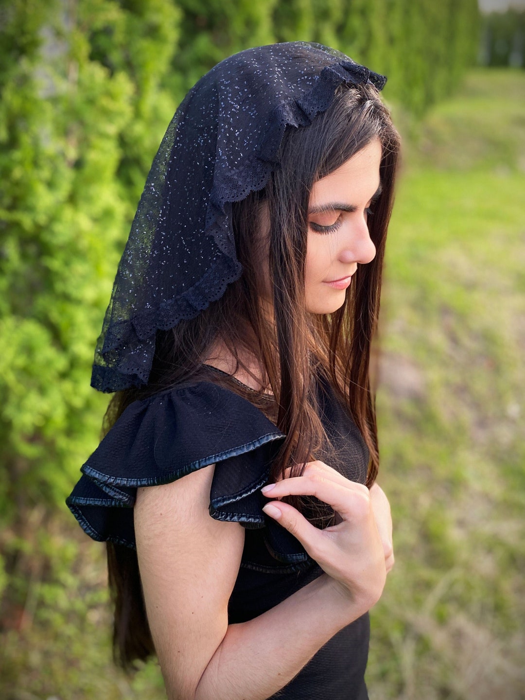 Blackwhite Chapel Round Veil Glittered Mantilla With Lace Headwrap for ...