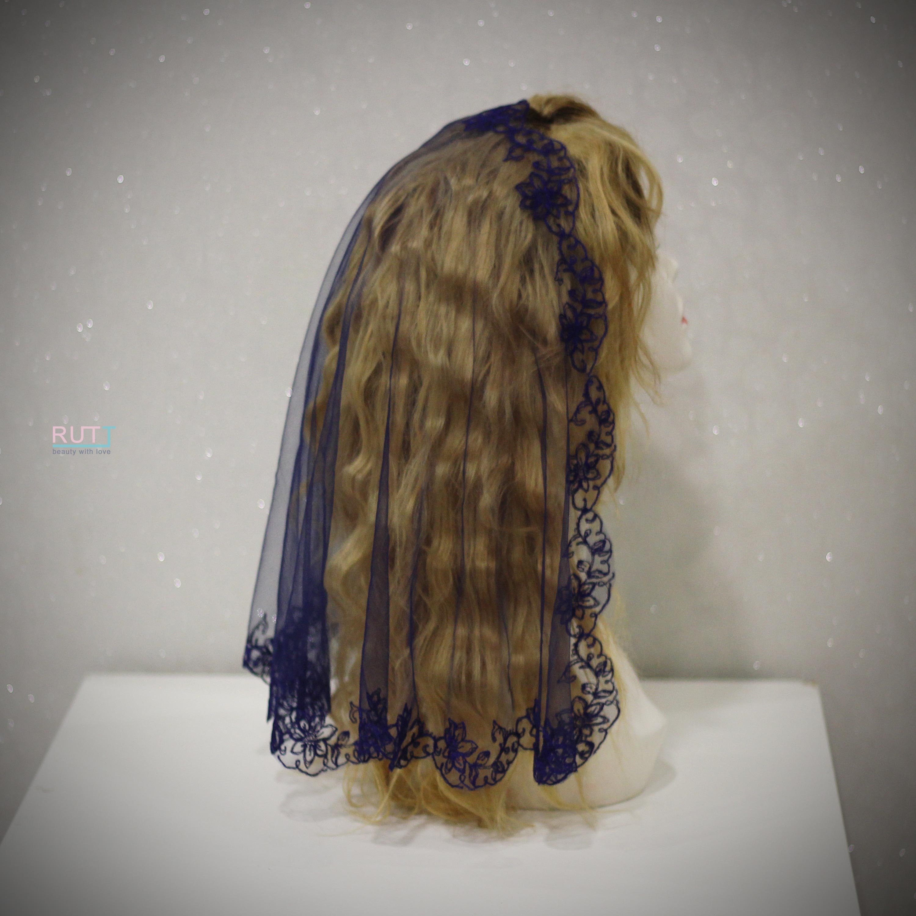 Navy Embroidered Catholic Veil Church D-shaped Head Wrap Chapel Veil ...