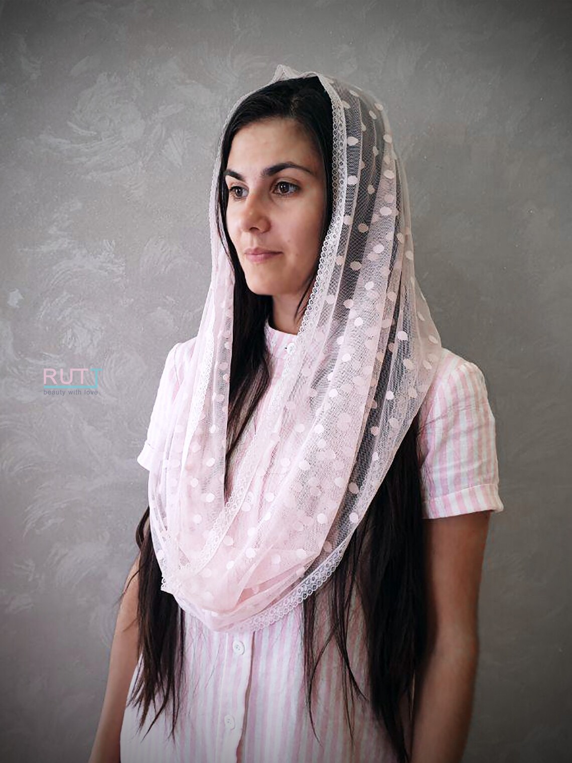 Light Blue Infinity Church Mantilla Head Covering Shawl Polka Dot Flex ...