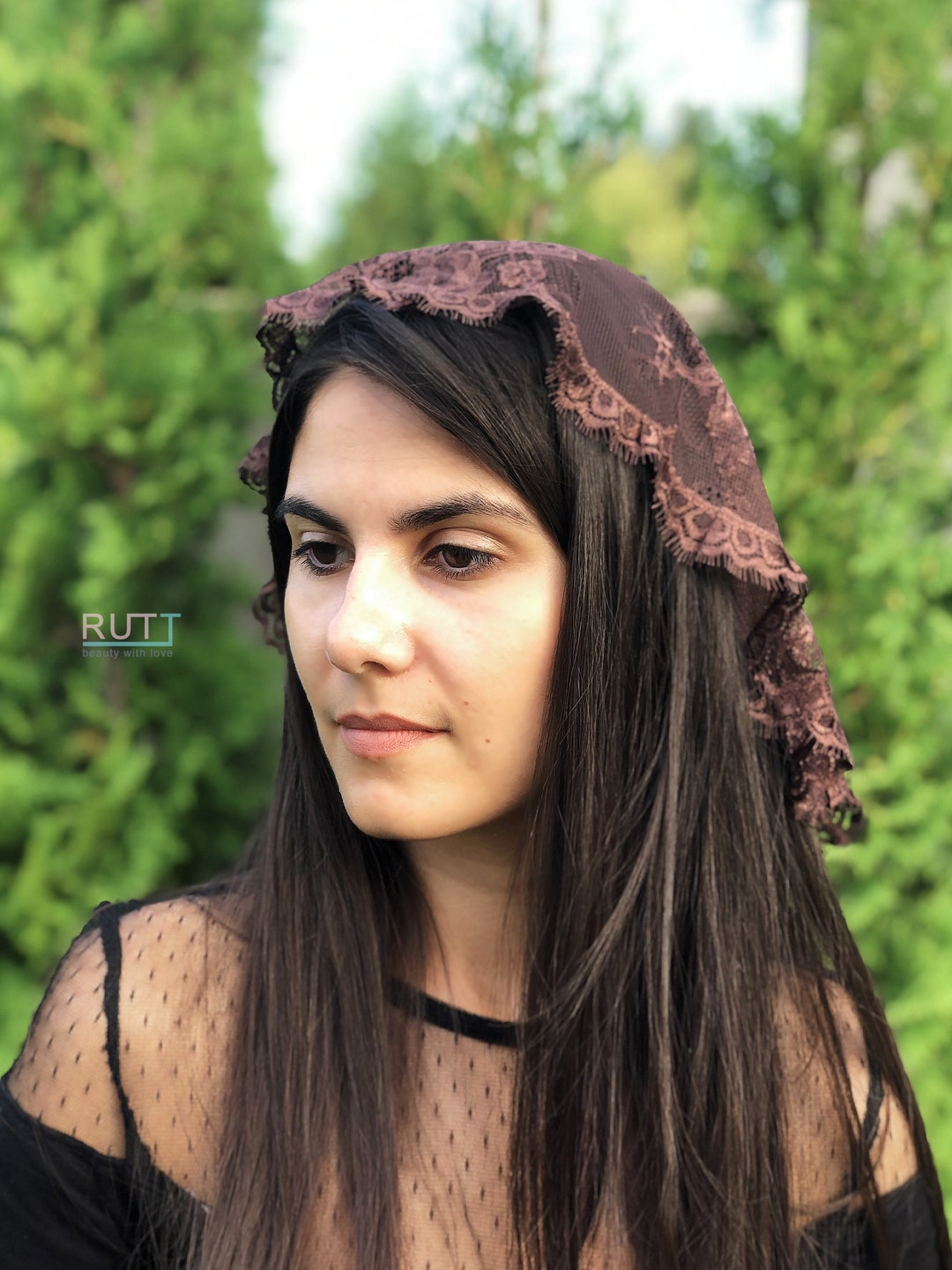 Brown Chapel Round Veil Shantili Lace Mantilla Headwrap for Mass Church ...