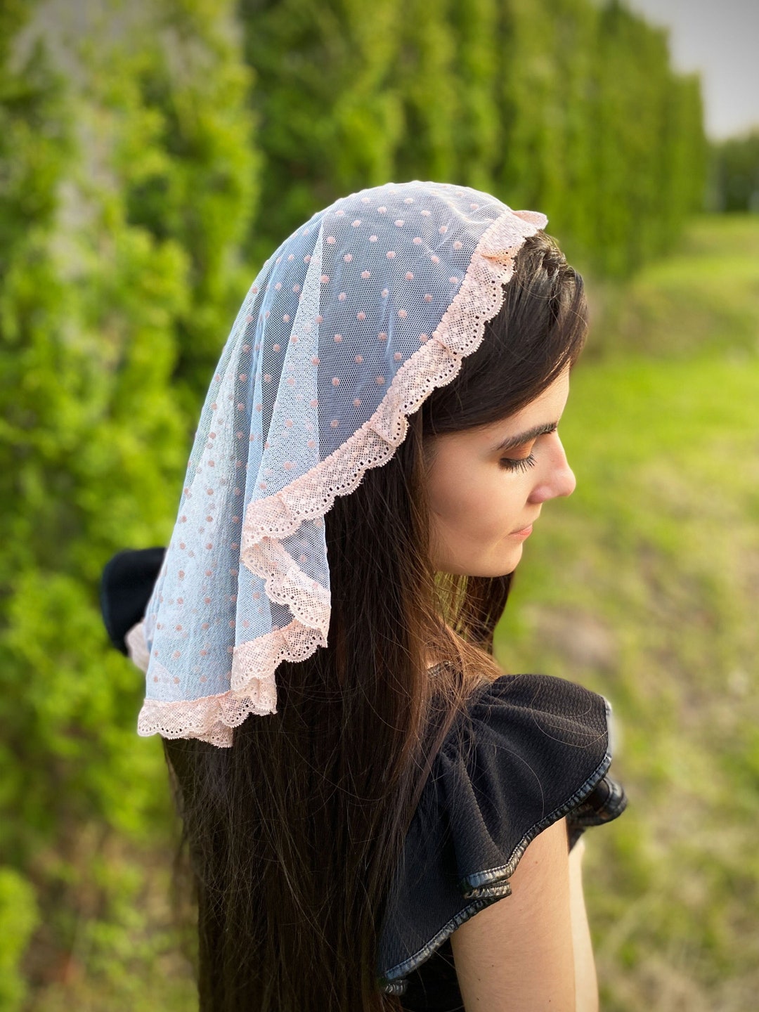 Blush Princess Style Chapel Round Veil Polka Dot Lace Mantilla Headwrap ...