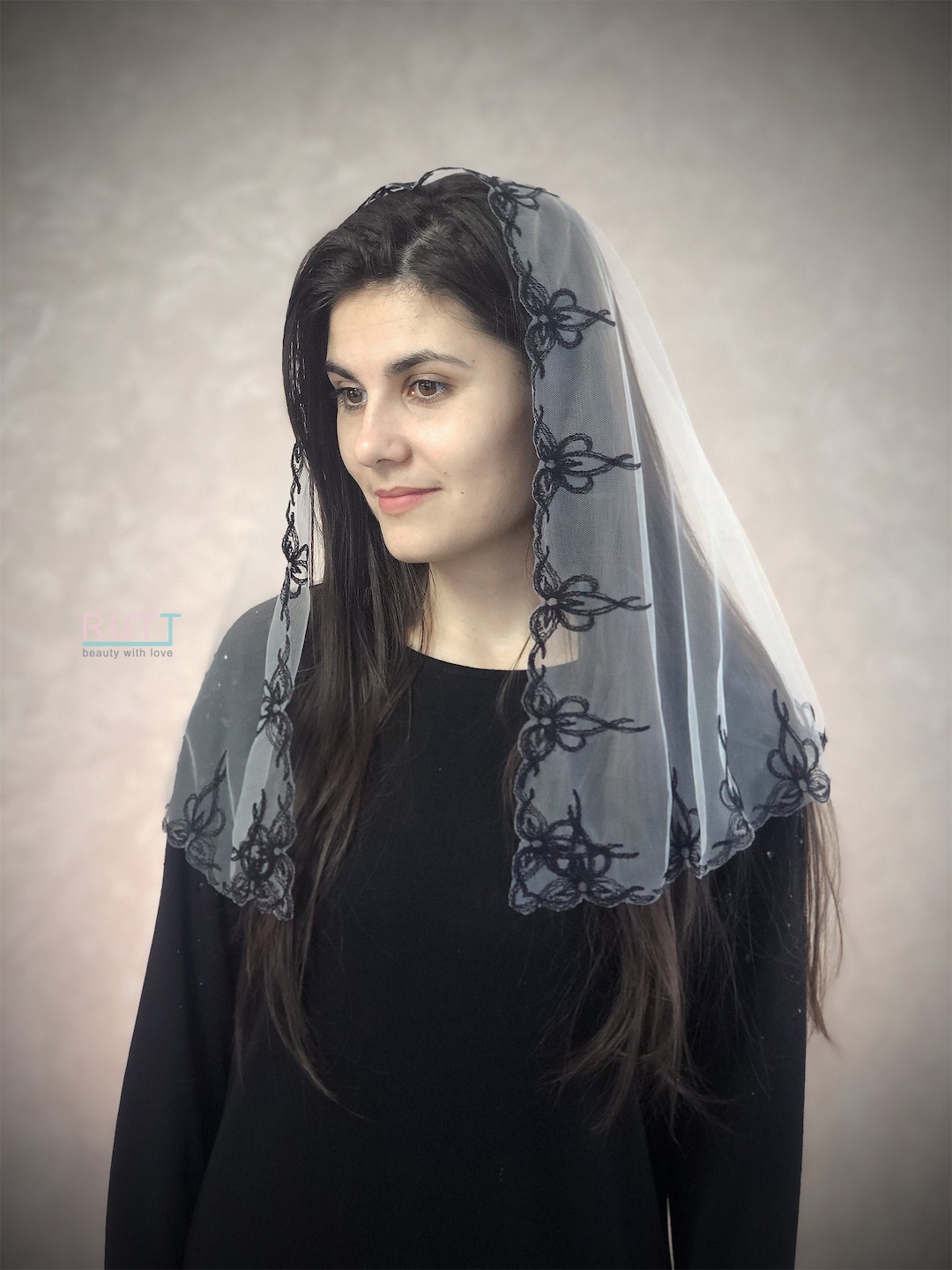Catholic Head Covering Embroidered Mantilla White With Black Embroidery ...