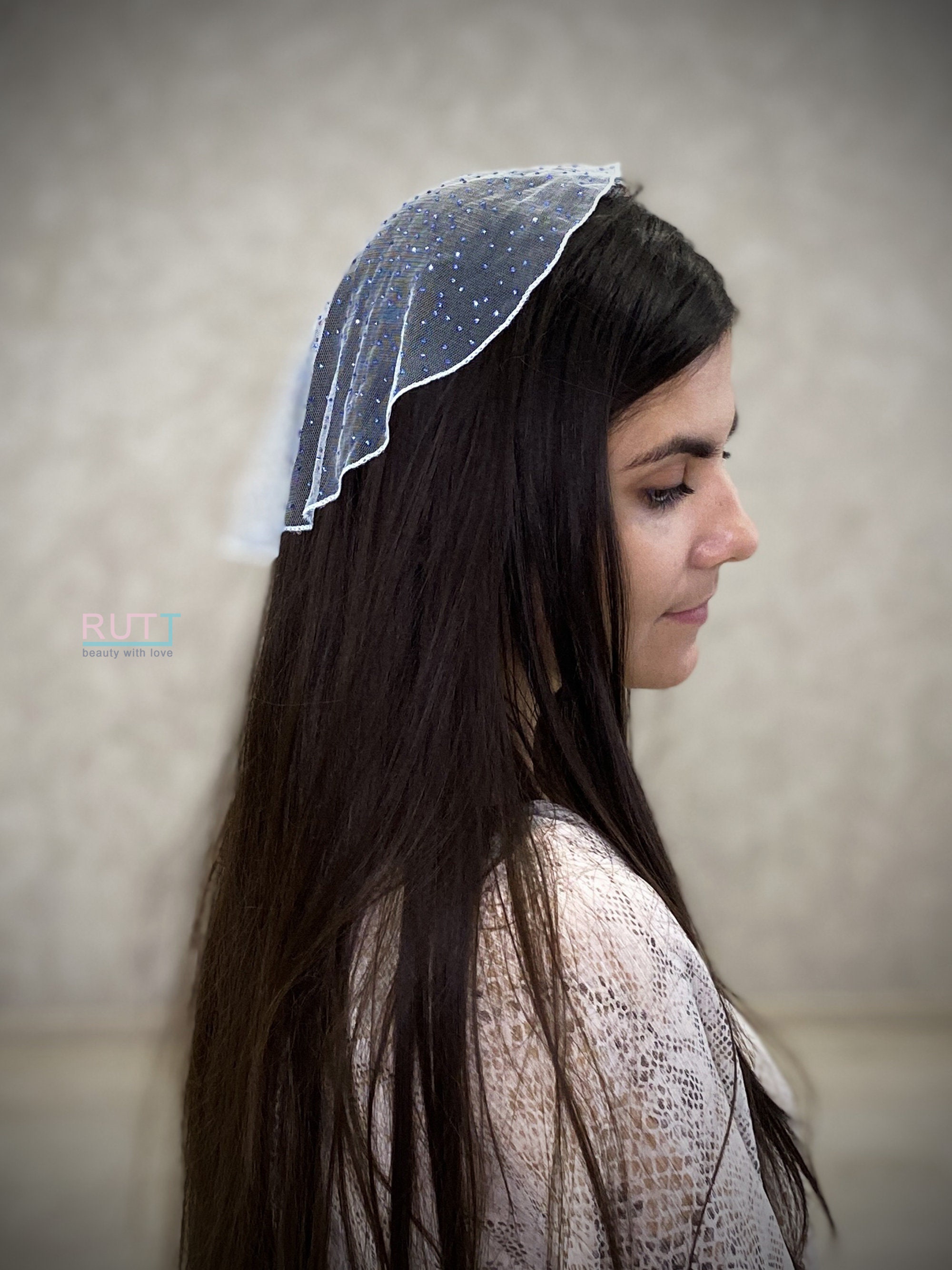 Navy Blue Small Chapel Round Cap With Rhinestones Mantilla Girl Head ...