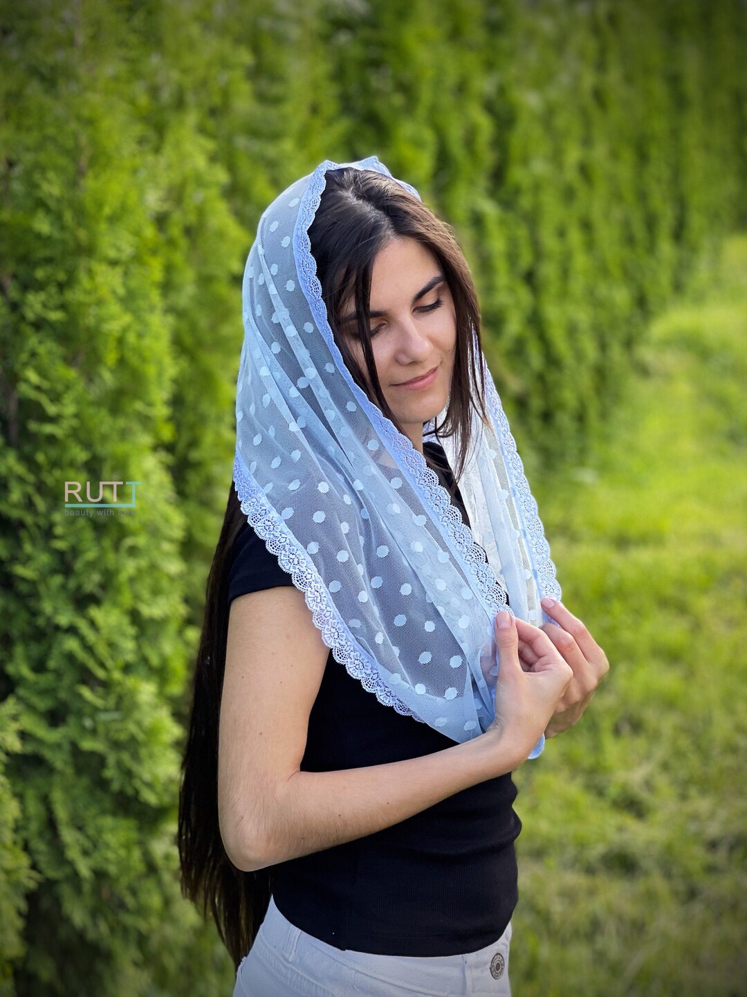 Light Blue Infinity Church Mantilla Head Covering Shawl Polka Dot Flex ...