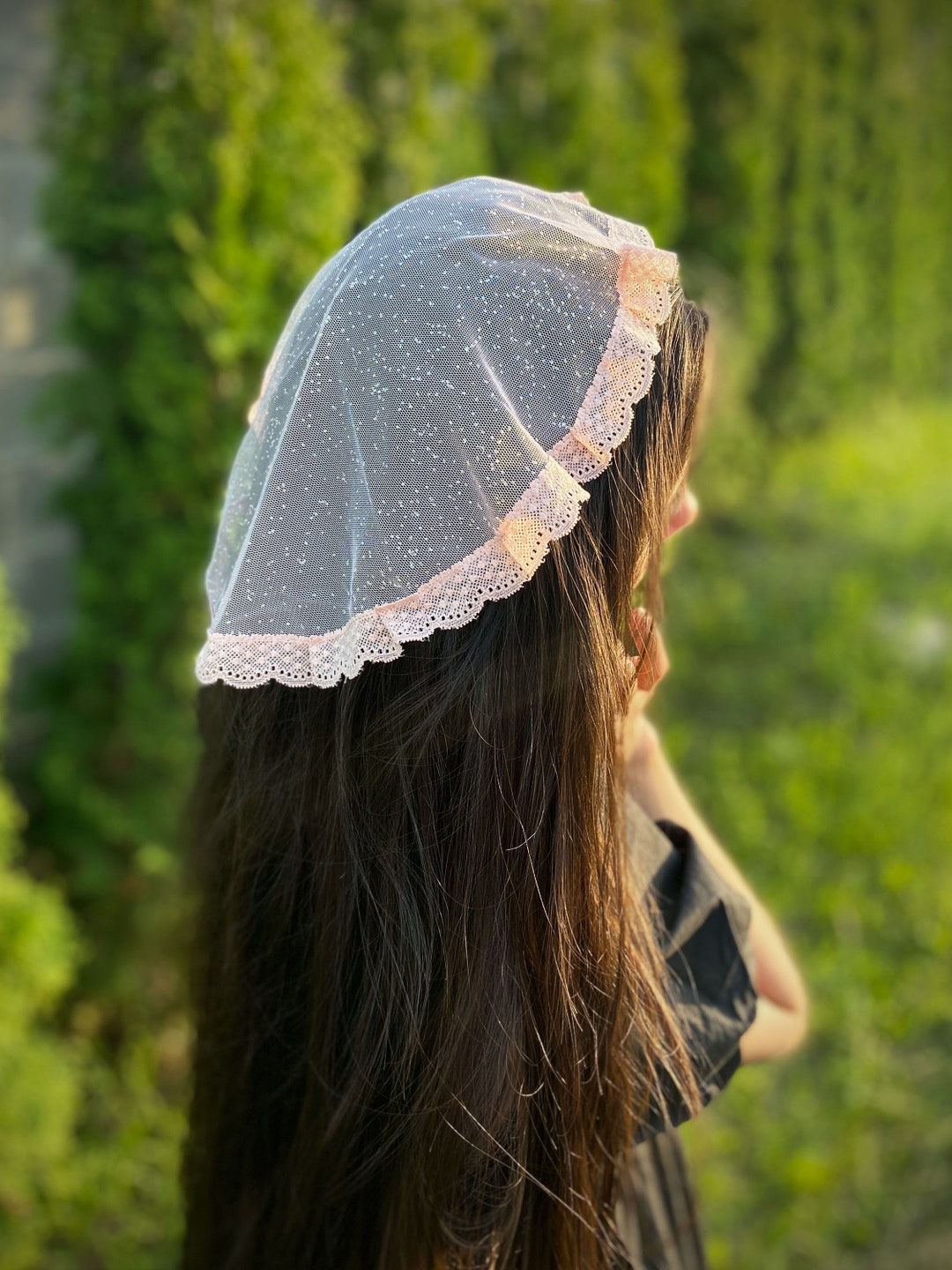 Glittered Small Chapel Round Cap Mantilla With Lace Girl Head Covering ...