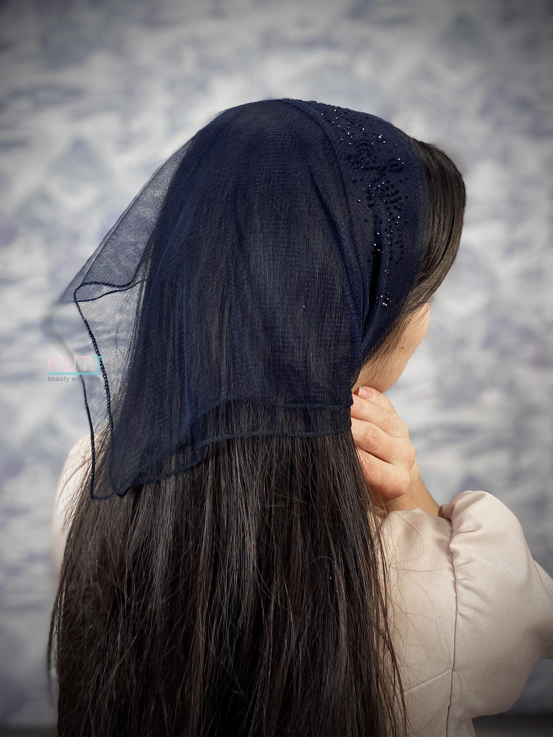 Black Church Square Kerchief With Rhinestone Decoration Head Covering ...
