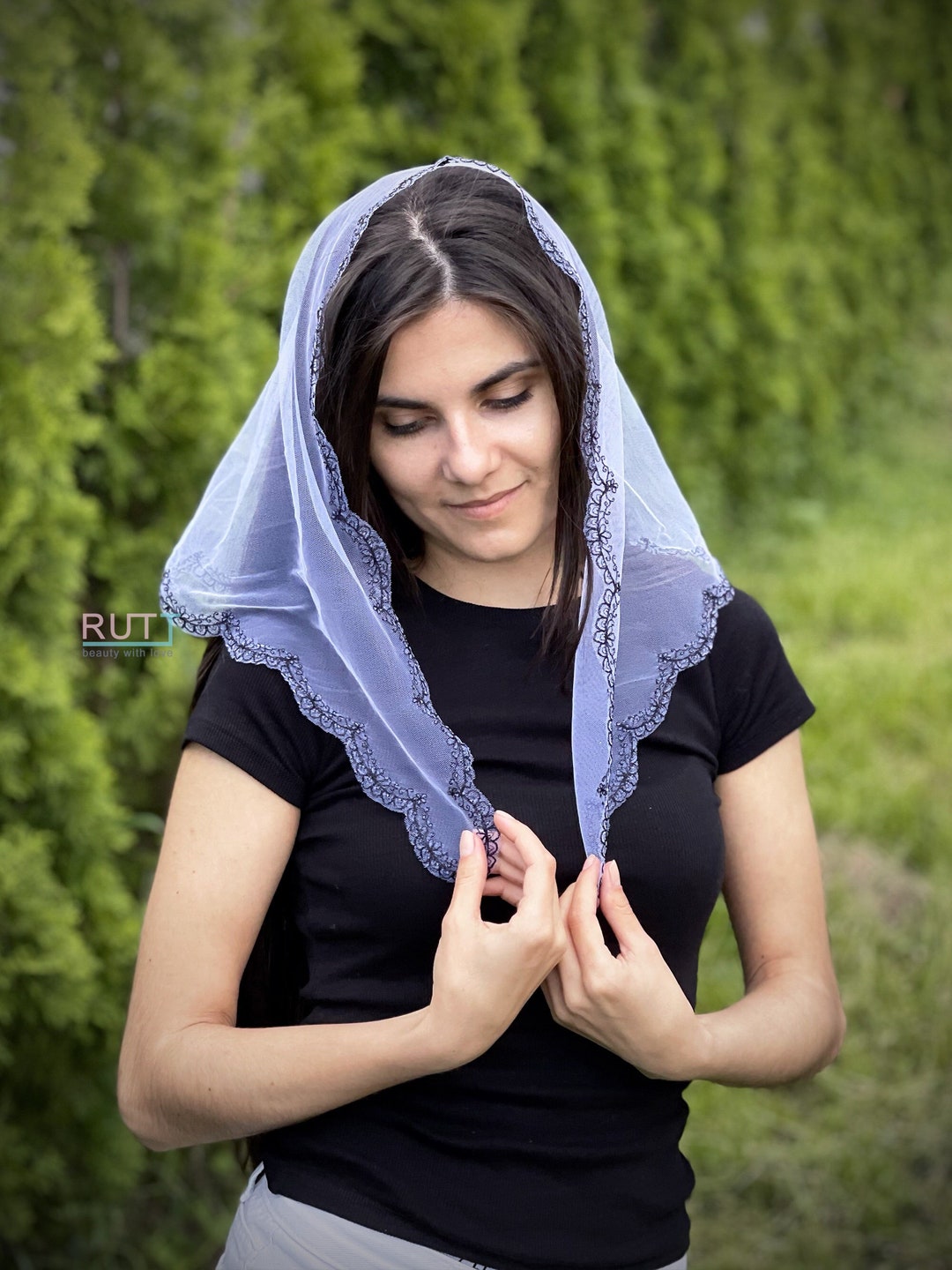 Catholic Head Covering Triangle Embroidered Mantilla White With Black ...