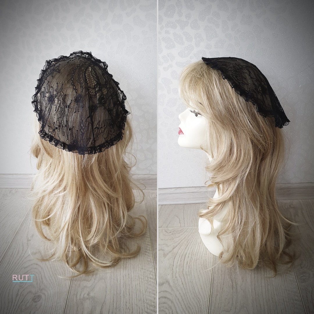 Black Lace Small Catholic Veil Church or Chapel Round Cap Mantilla Girl ...