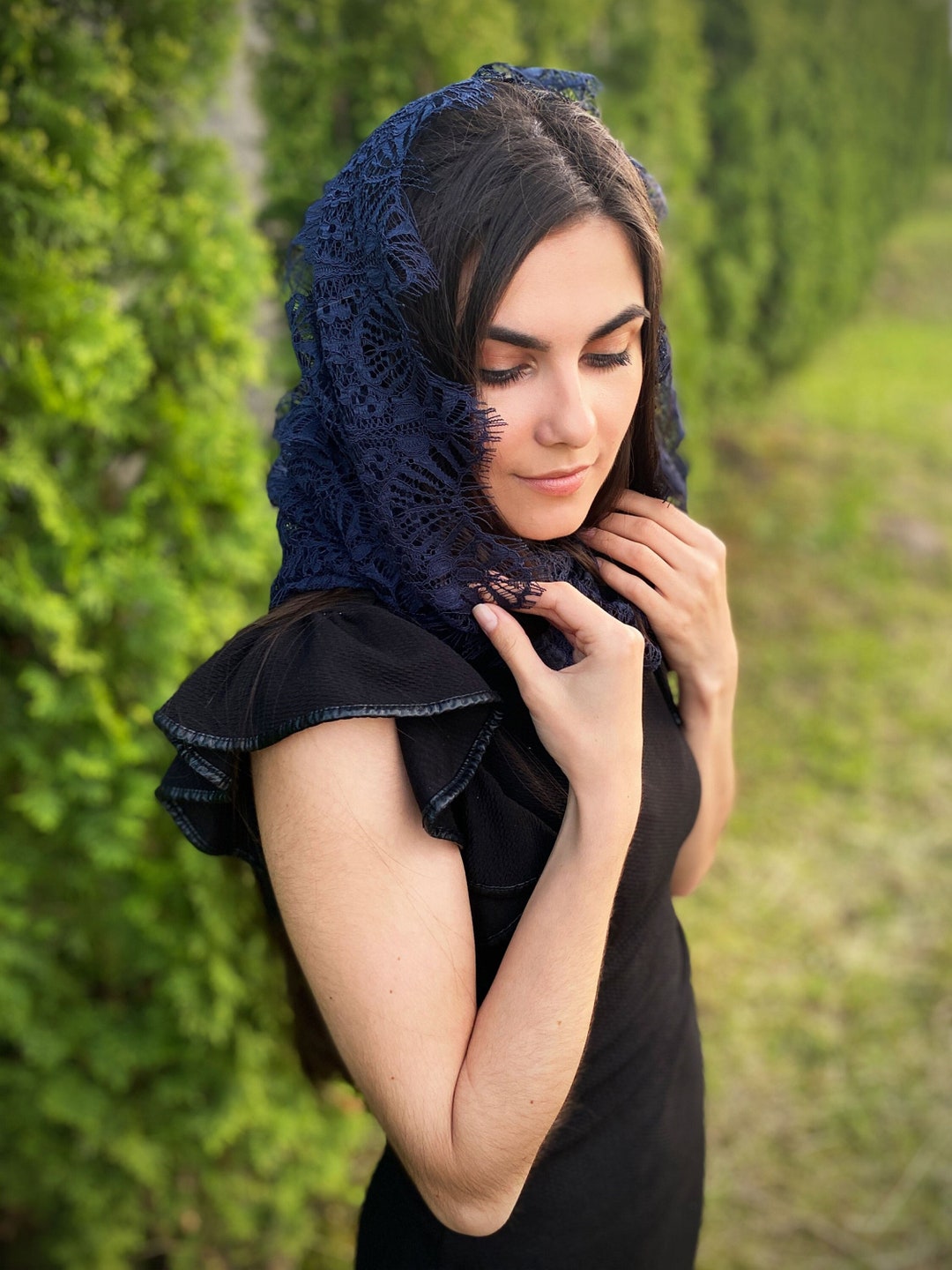 Navy Blue Lace Infinity Church Mantilla Head Covering Shawl Catholic ...