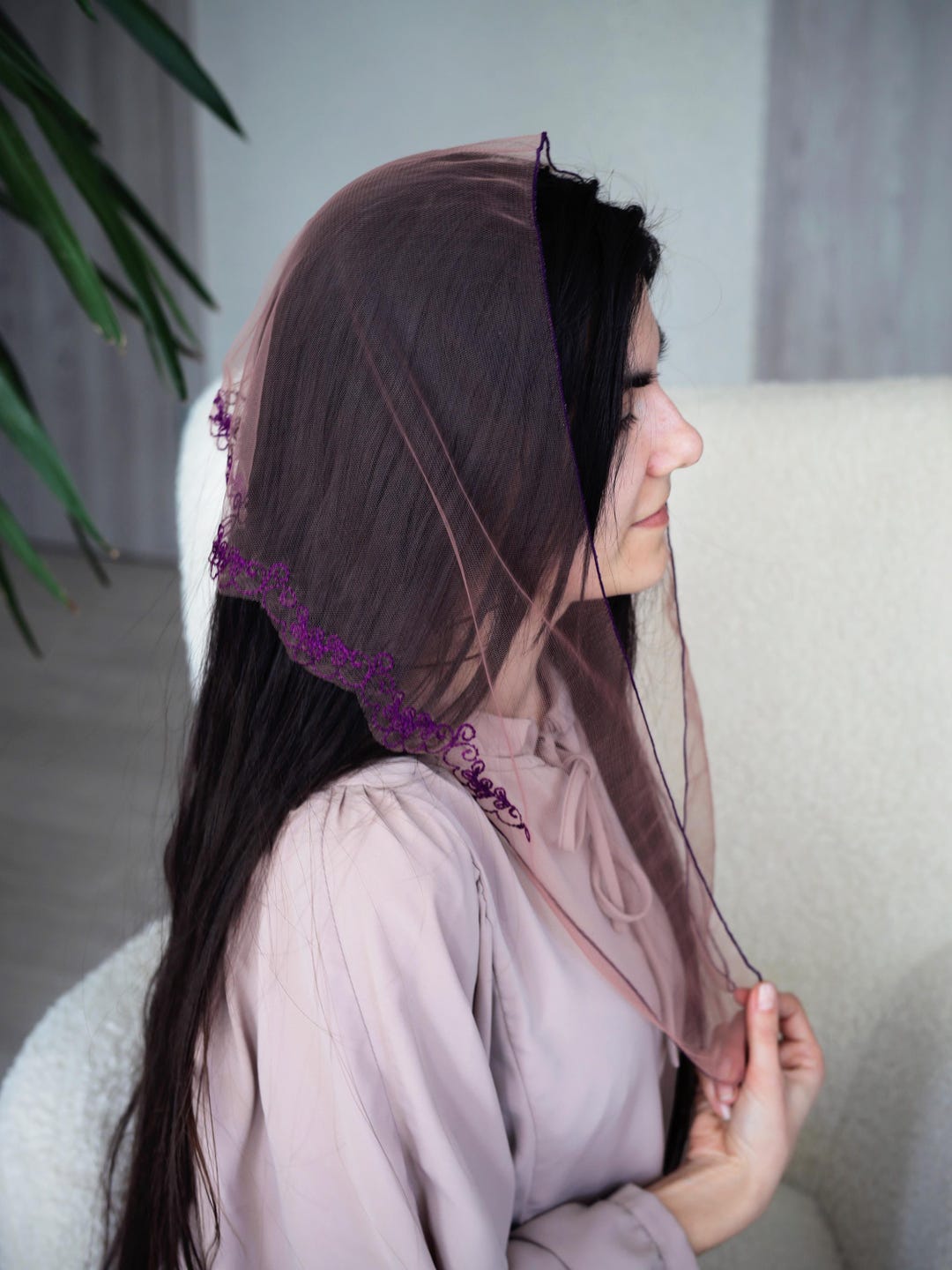 Christian Scarf With Purple Embroidery Church Head Covering Orthodox ...