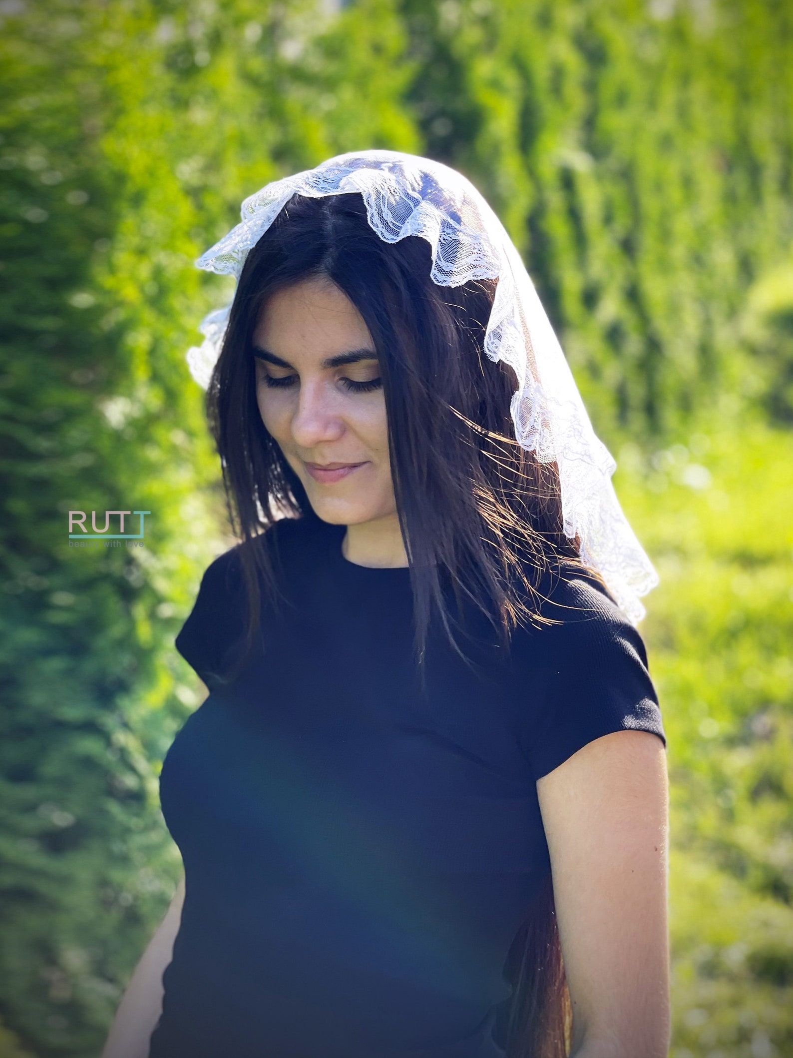 Black /white Chapel Round Veil With Lace Headwrap for Mass Church Head ...