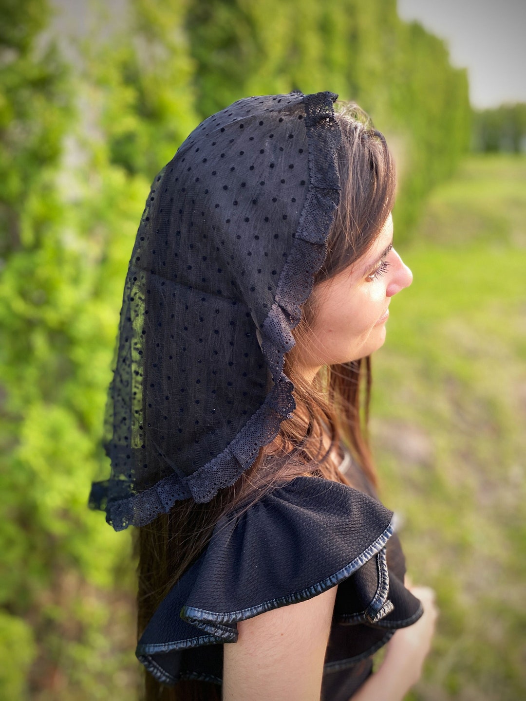 Blush Princess Style Chapel Round Veil Polka Dot Lace Mantilla Headwrap ...