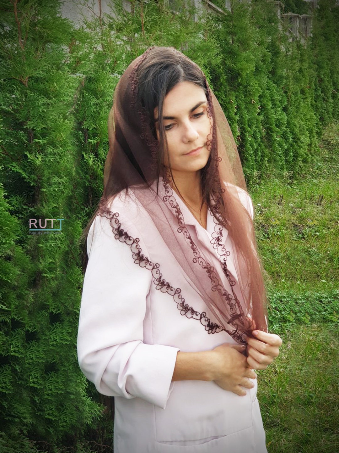 Brown Embroidered Infinity Veil Church Head Convering Orthodox Veils ...