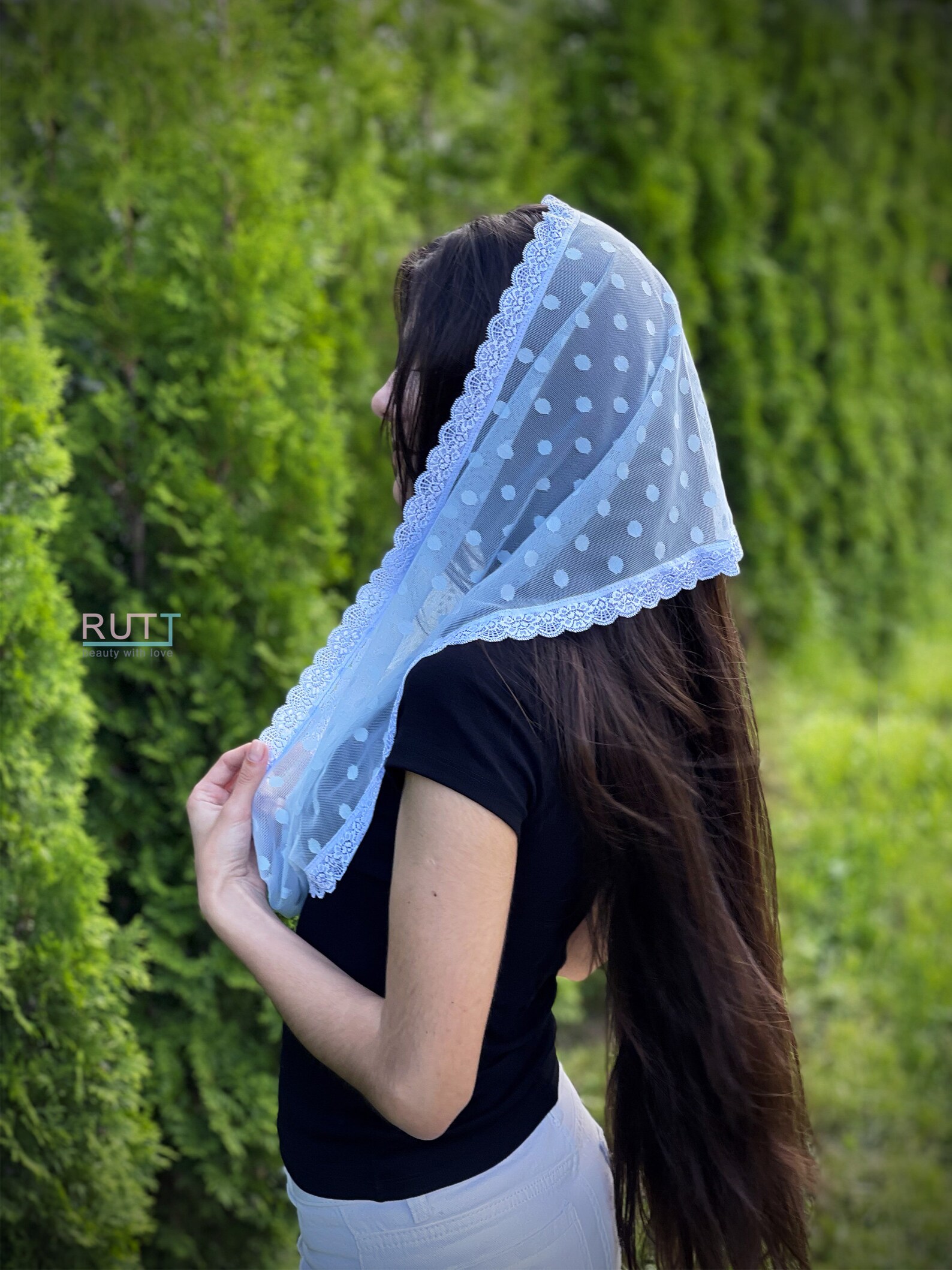 Light Blue Infinity Church Mantilla Head Covering Shawl Polka Dot Flex ...
