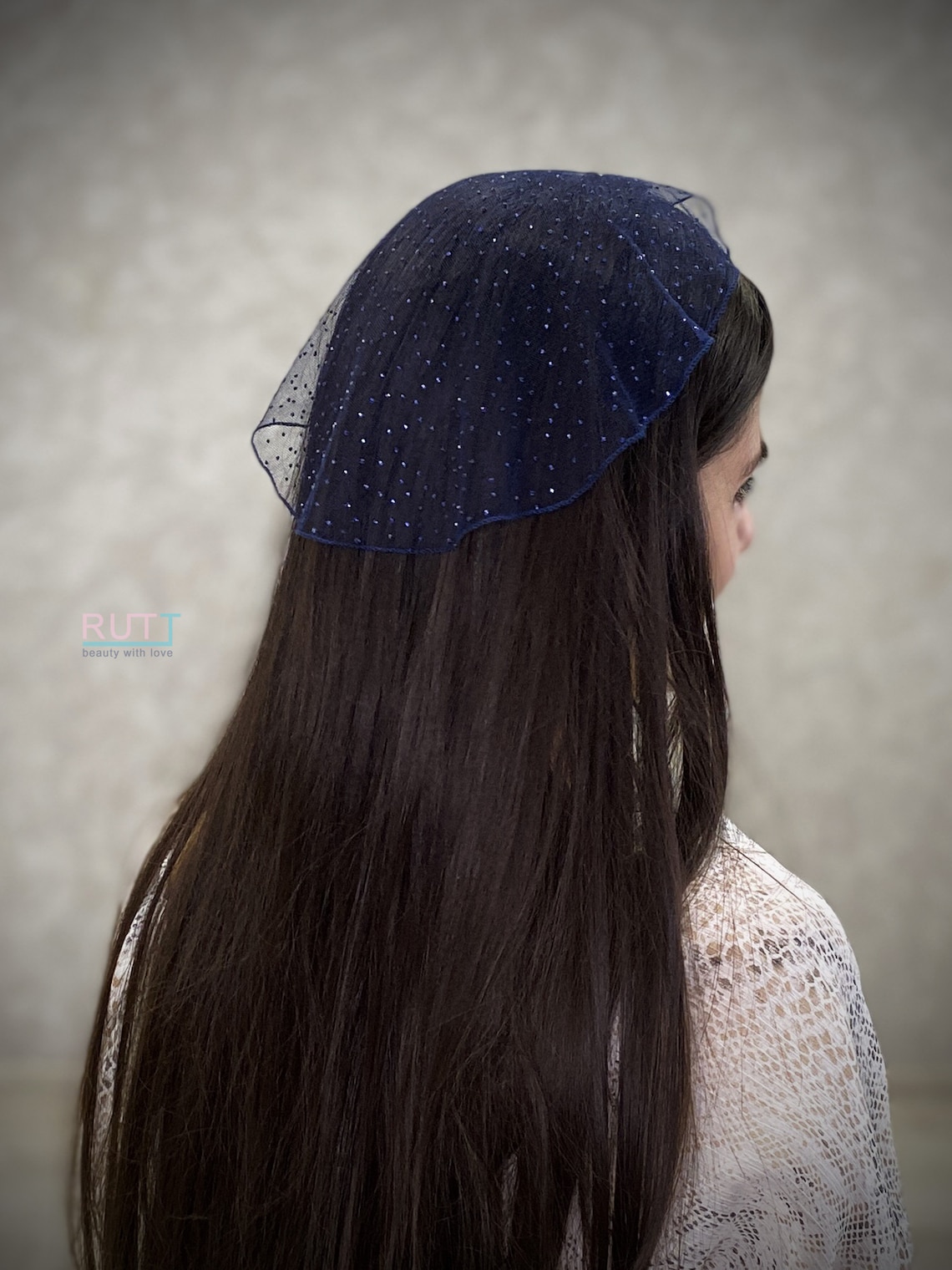 Navy Blue Small Chapel Round Cap With Rhinestones Mantilla Girl Head ...