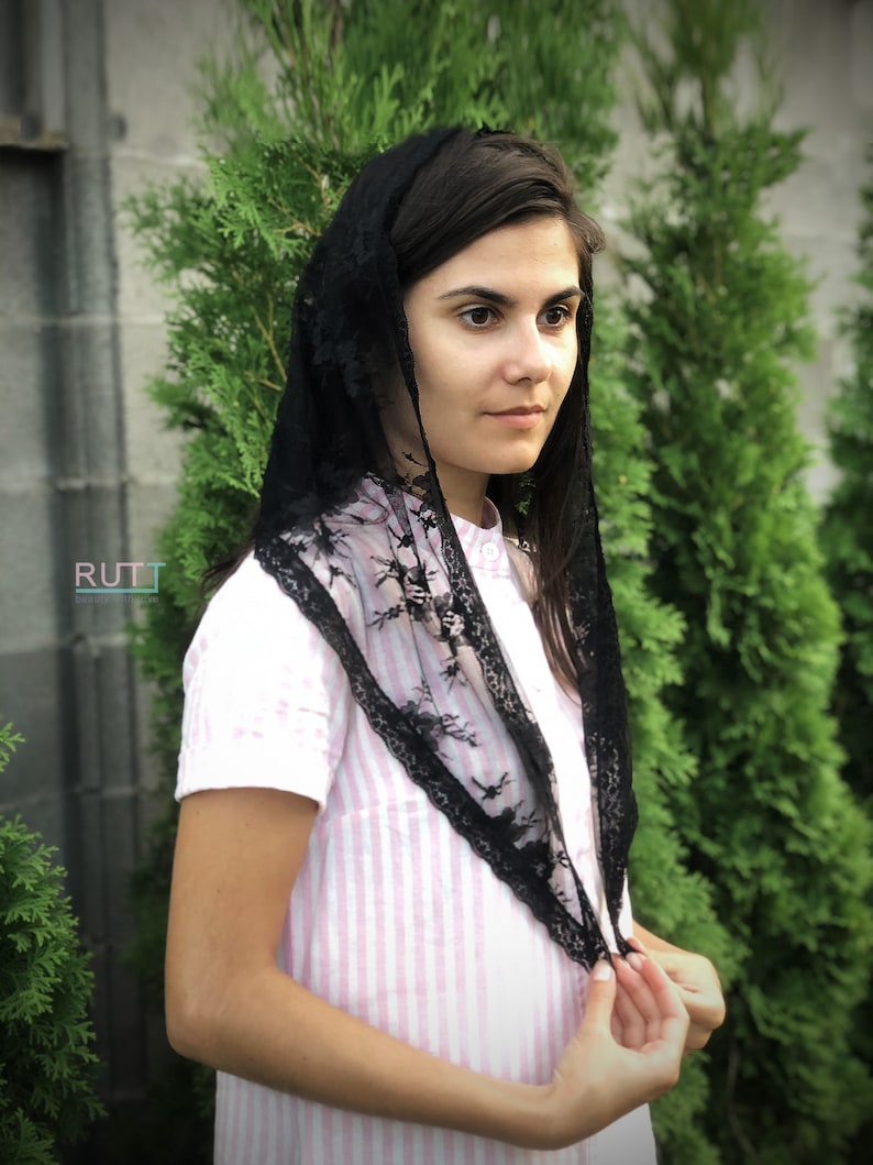 Black Lace Mantilla Church Scarf Head Covering Orthodox Shawl Catholic ...
