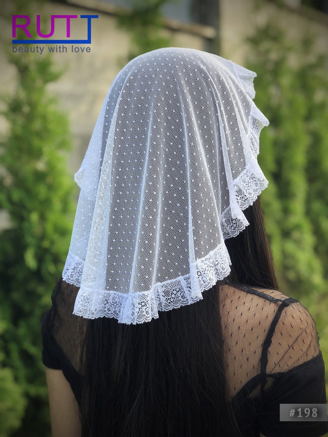 White Chapel Round Veil Polka Dot Lace Mantilla Headwrap for Mass ...