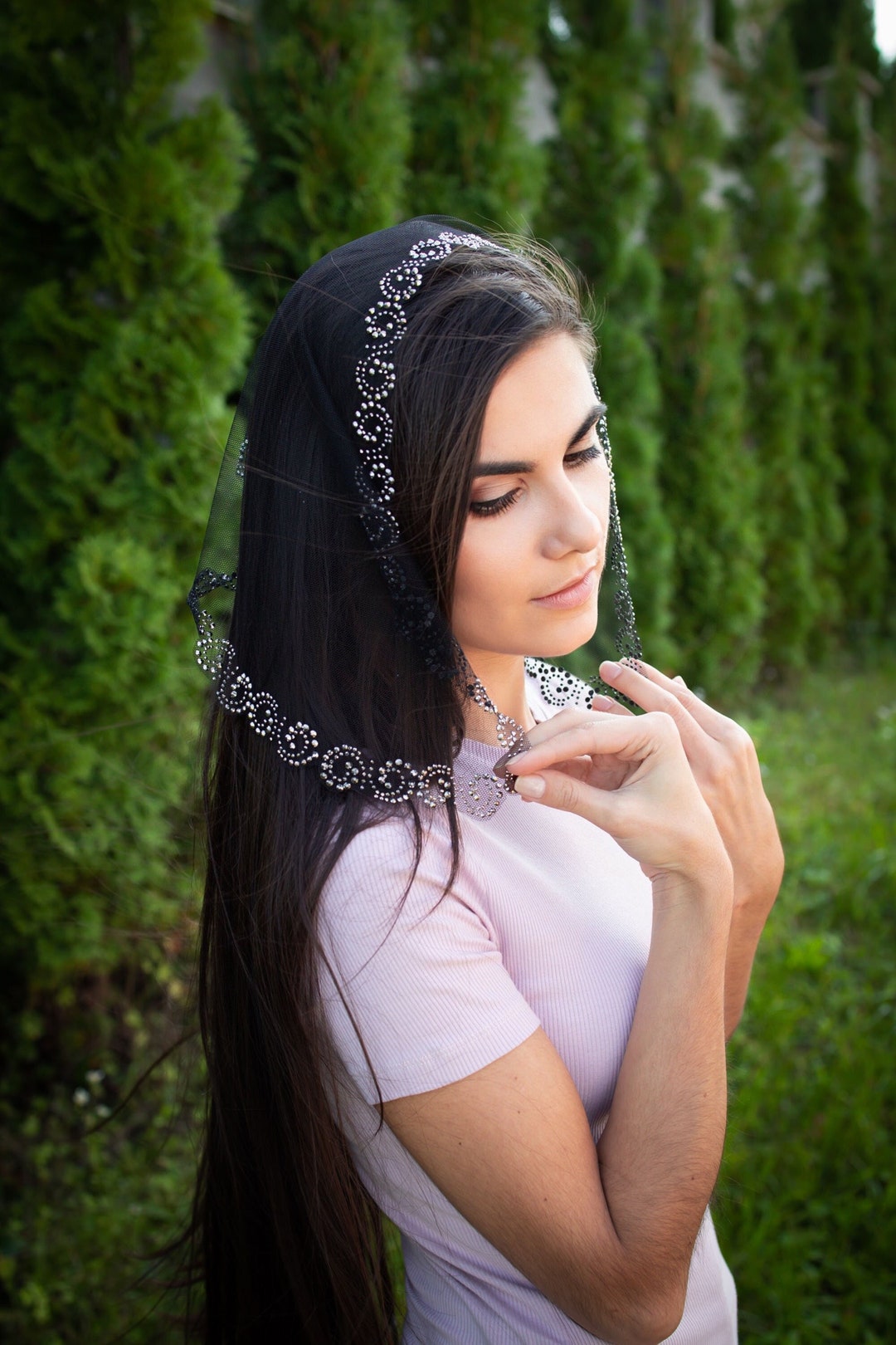 Church Black Head Covering With Dark Grey Rhinestones Orthodox Veils ...