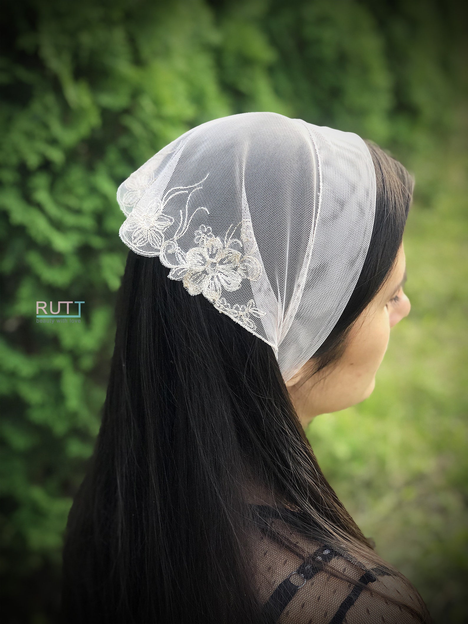 Grey Stretch Tulle Headband Kerchief Church Headwrap Embroidered Chapel ...