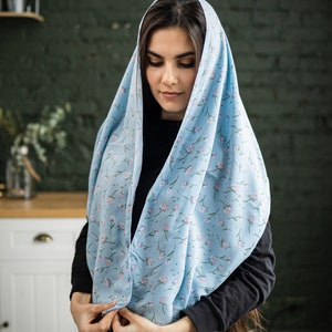 Sky Blue Floral Scarf Church Head Covering Catholic Head Wrap for Mass ...