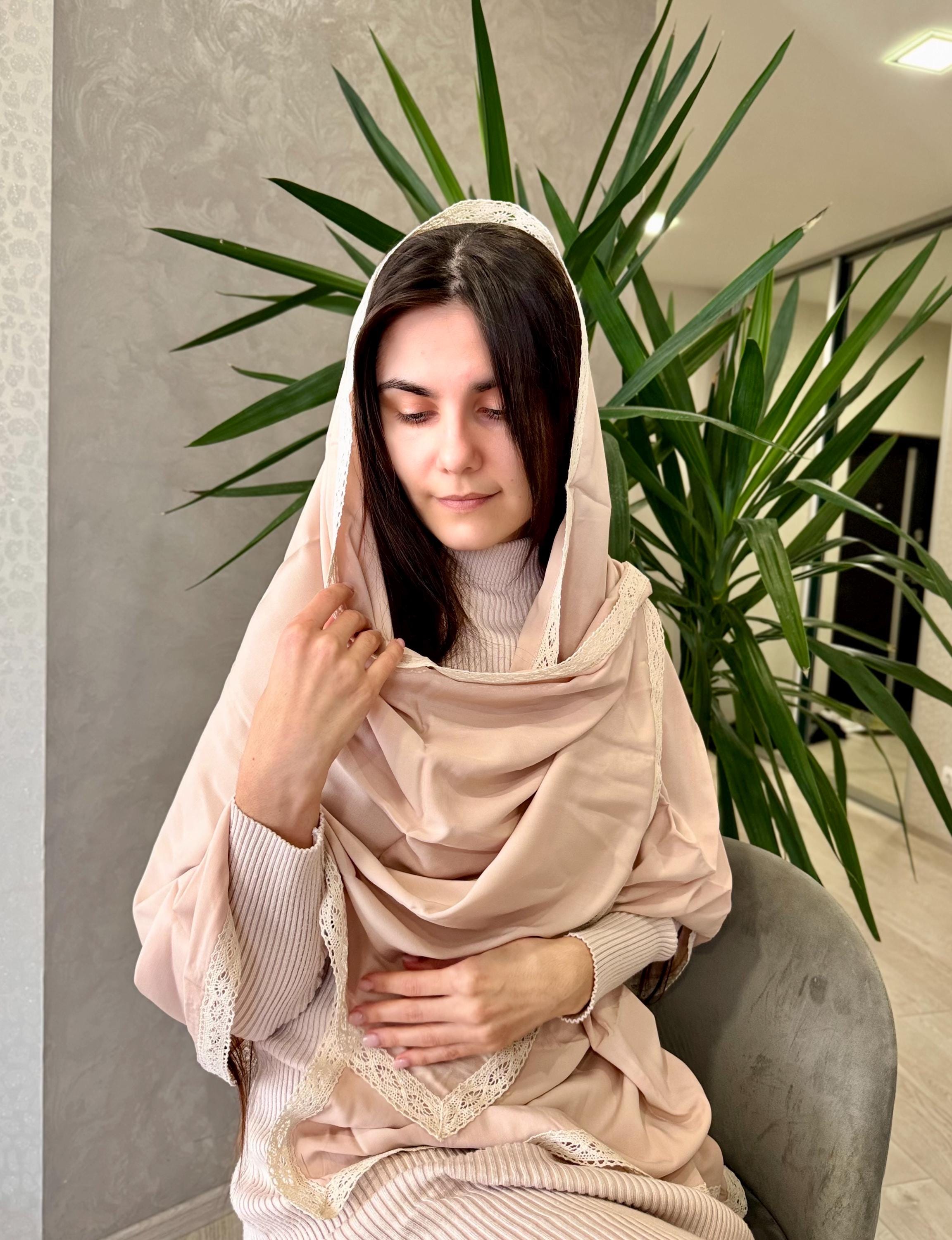 Soft Cotton Scarf With Linen Lace Church Head Covering Catholic Head ...