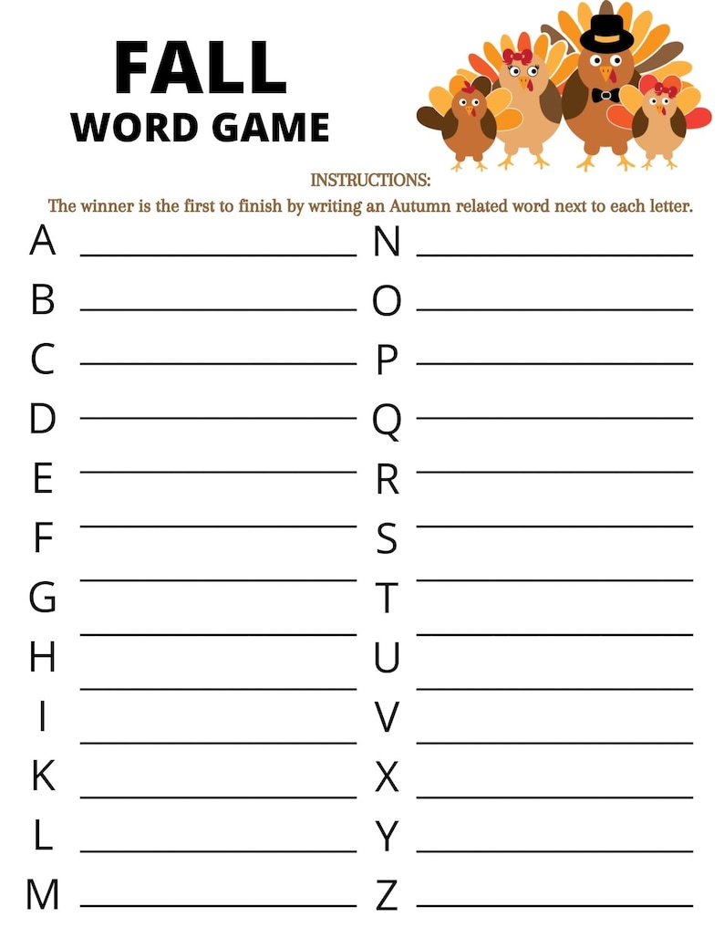 Fall A Z Race Game Printable Autumn Party Games Fall Time Activities ...