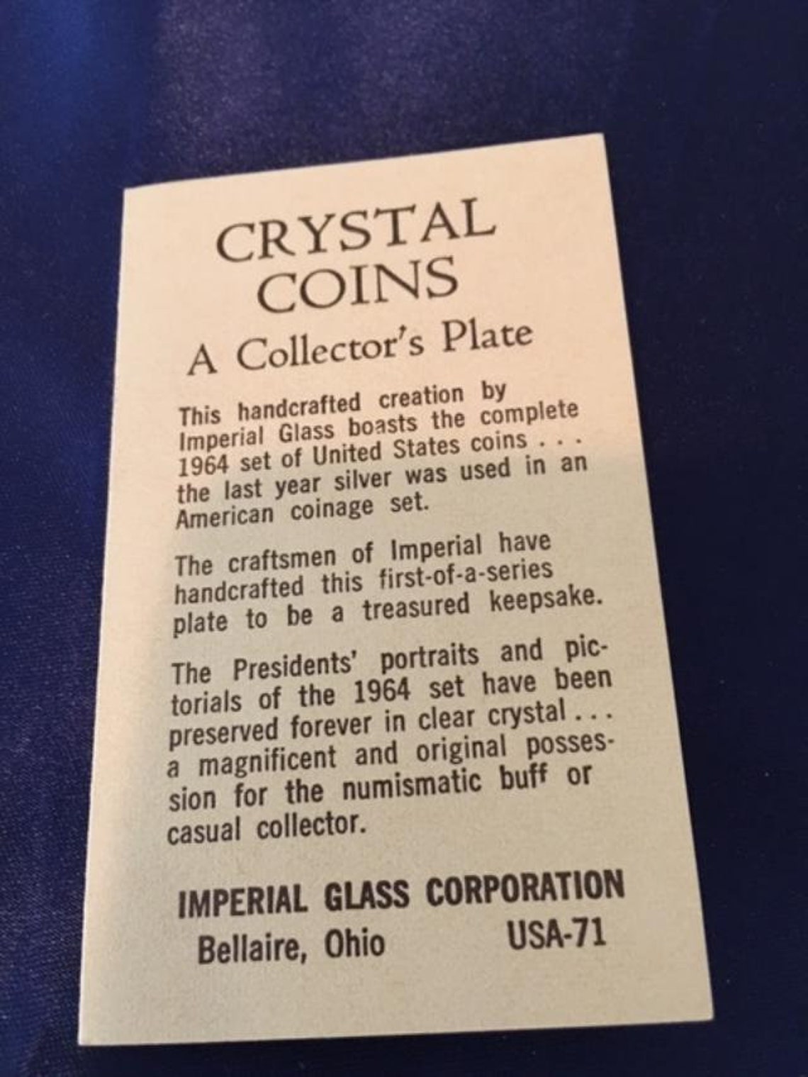 Vintage 1964 Imperial Glass Corp Crystal Coin Plate First - Etsy UK