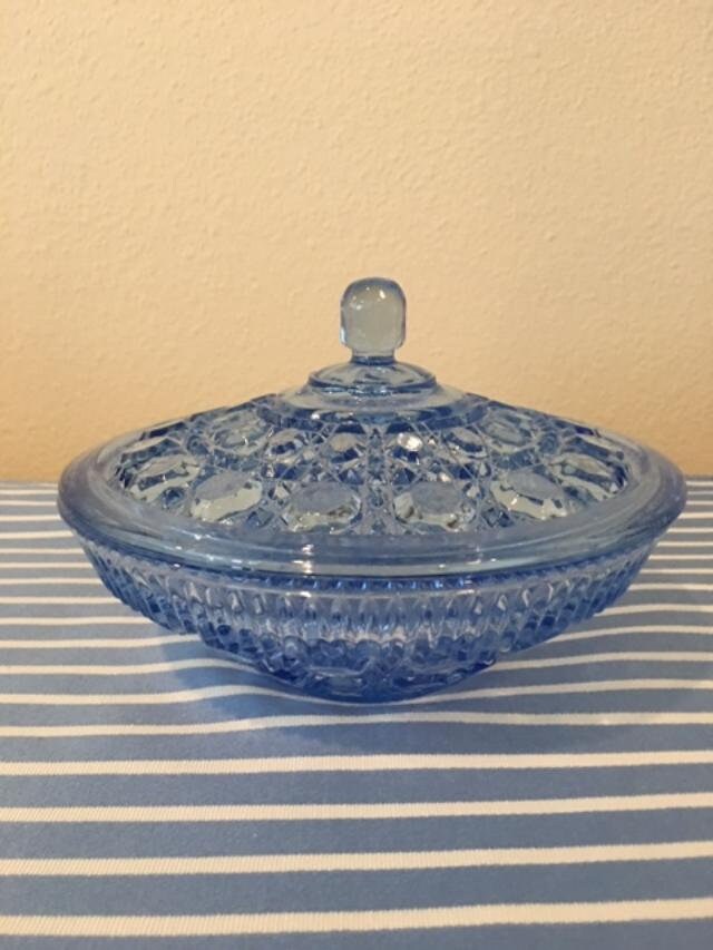 Beautiful Federal Glass Periwinkle Windsor Blue Button and Cane Candy Dish