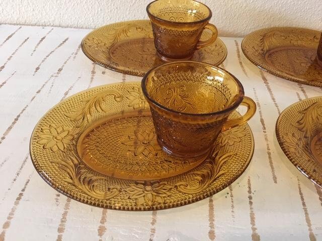 Four (4) Sets Sandwich Amber by Tiara Snack Plates and Footed Snack Cups