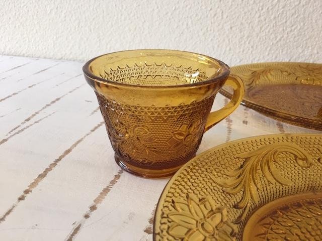 Four (4) Sets Sandwich Amber by Tiara Snack Plates and Footed Snack Cups