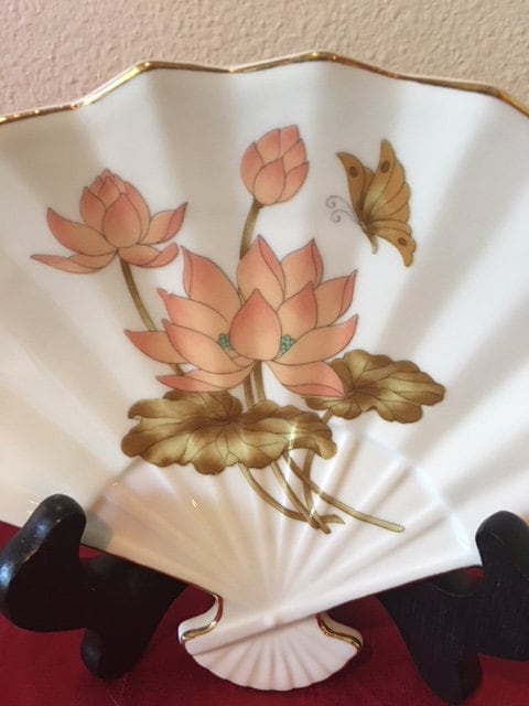 Vintage Japan Porcelain Fan Tray/Trinket Dish Lotus with Butterfly
