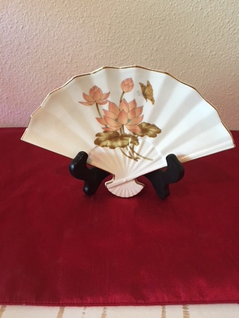 Vintage Japan Porcelain Fan Tray/Trinket Dish Lotus with Butterfly