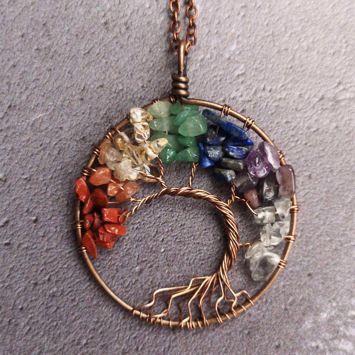 7 Chakra Stone Tree of Life Pendant With Antique Copper Wire - Etsy