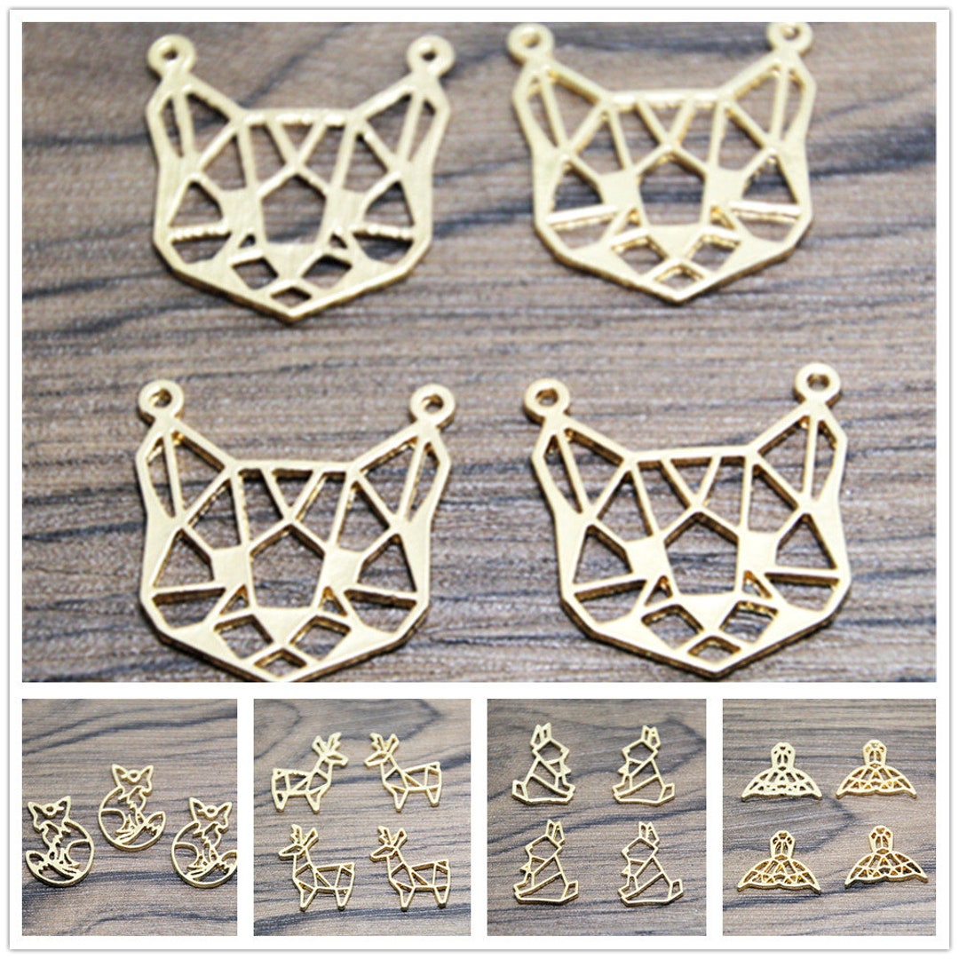 15pcs Animal Charm Gold Tone Origami Cat Deer Rabbit Tail Cat Face ...